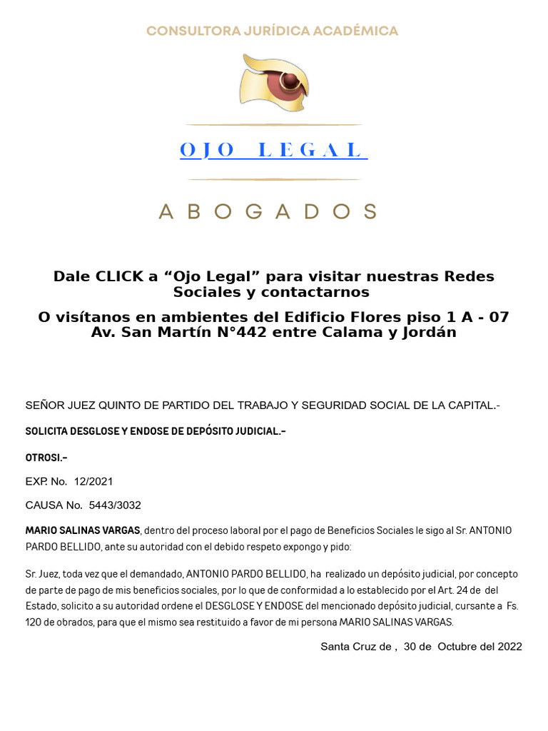 Solicita Desglose y Endose de Depã - Sito Judicial | PDF