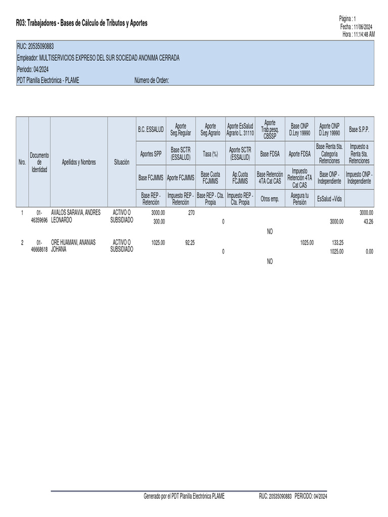 FORMATO N° R03 del PDT Plame - 601 ABRIL | PDF