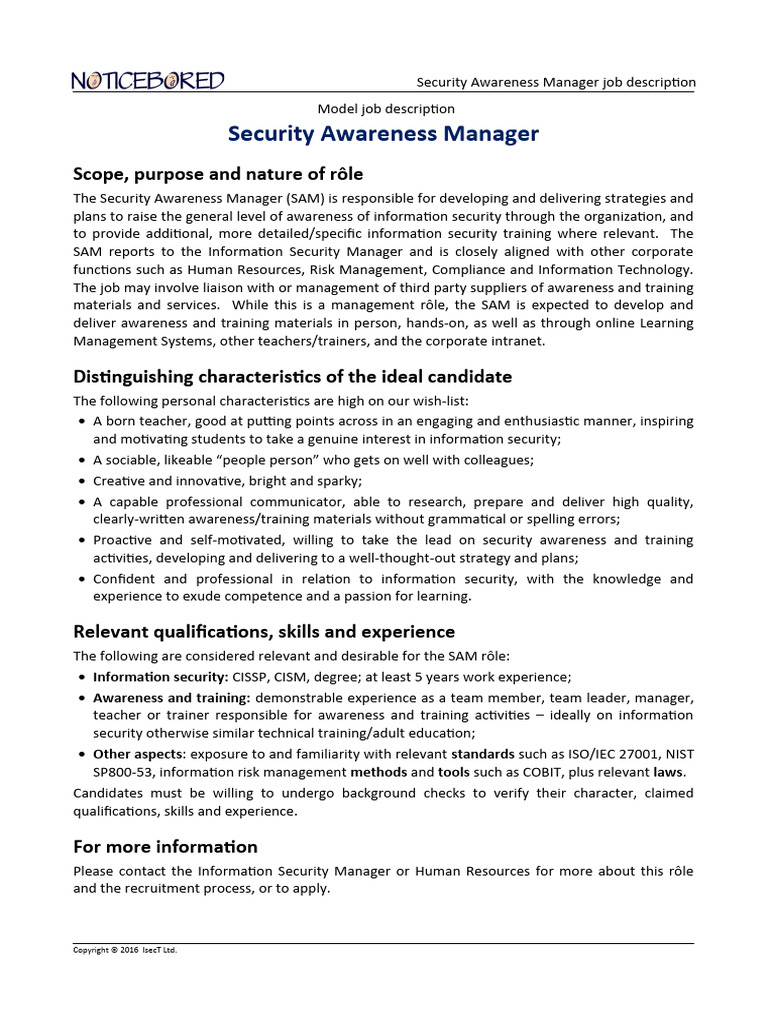 NB Model Job Description For Security Awareness Manager | PDF ...