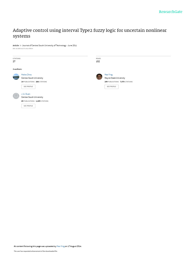 Adaptive Control Using Interval Type2 Fuzzy Logic | PDF | Fuzzy Logic | Statistical Inference