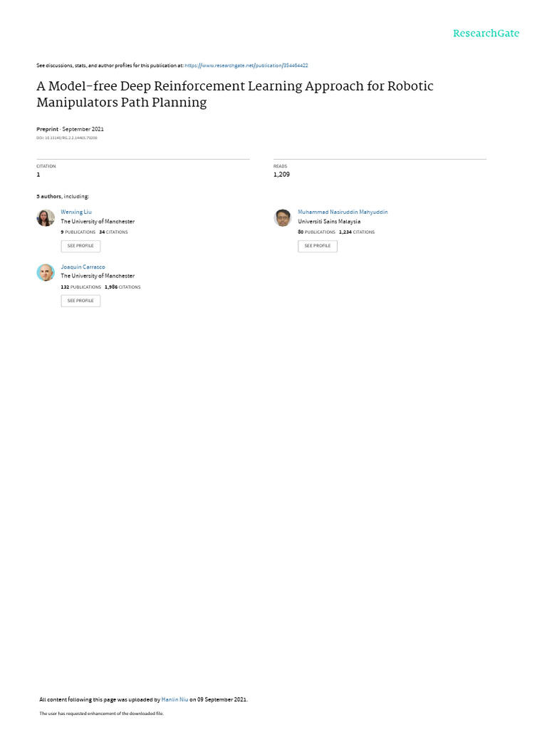 A Model Free Deep Reinforcement Learning Approach For Robotic Manipulators Path Planning Pdf 