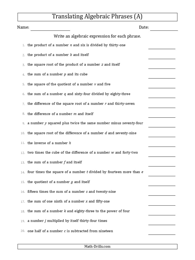 Algebra Translating Algebraic Phrases Complex 001 | PDF | Numbers ...