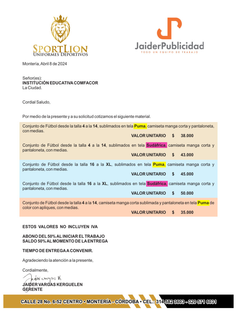 Cotizacion Colegio Comfacor | PDF