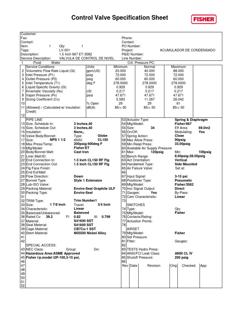 Control Valve Specification Sheet ISMAEL CABALLERO | PDF | Pressure | Viscosity