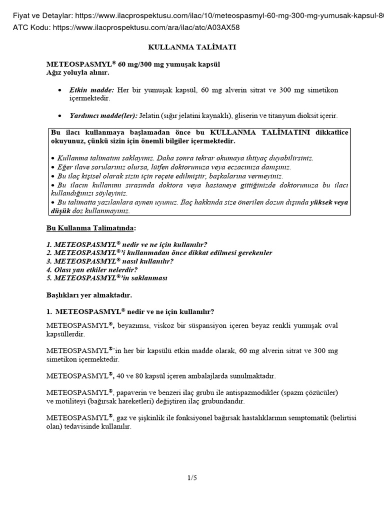 Meteospasmyl 60 MG 300 MG Yumusak Kapsul KT | PDF