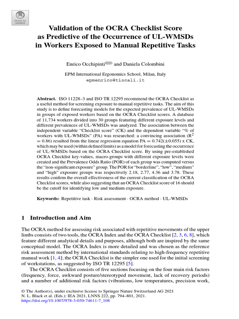 Validation of The OCRA Checklist Score As Predictive | PDF | Risk