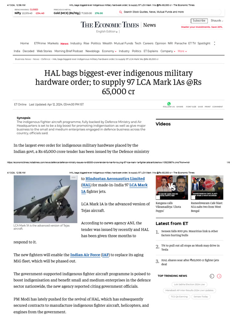 HAL Bags Biggest-Ever Indigenous Military Hardware Order To Supply 97 ...