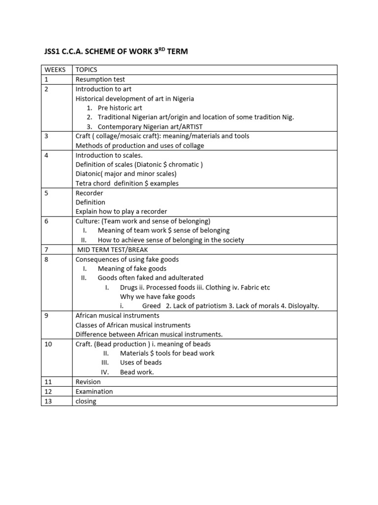 Jss1 Cca Scheme of Work 3rd Term | PDF | Foreign Language Studies