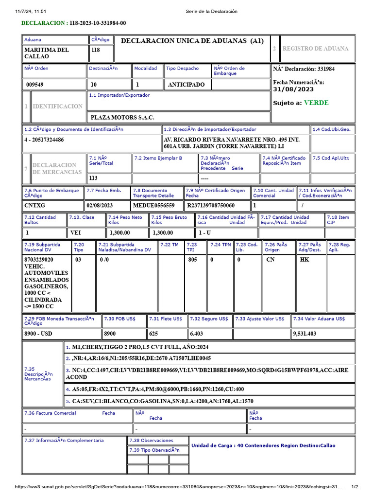 Declaracion Unica de Aduanas (A1) | PDF