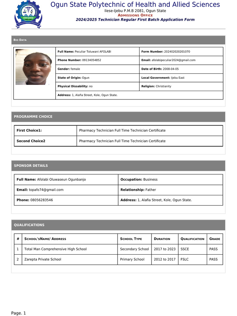 Afolabi Peculiar Application Form | PDF
