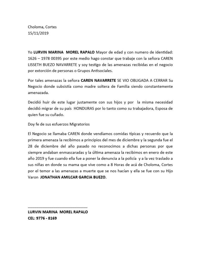 Yo LURVIN MARIA MAVEL RAPALO Mayor de Edad y Con Numero de Identidad ...