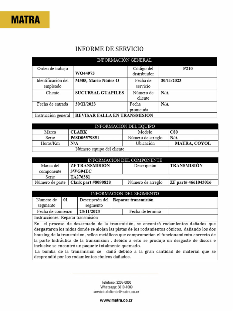 INFORME DE SERVICIO. transmision clark | PDF | Embrague | Bienes manufacturados