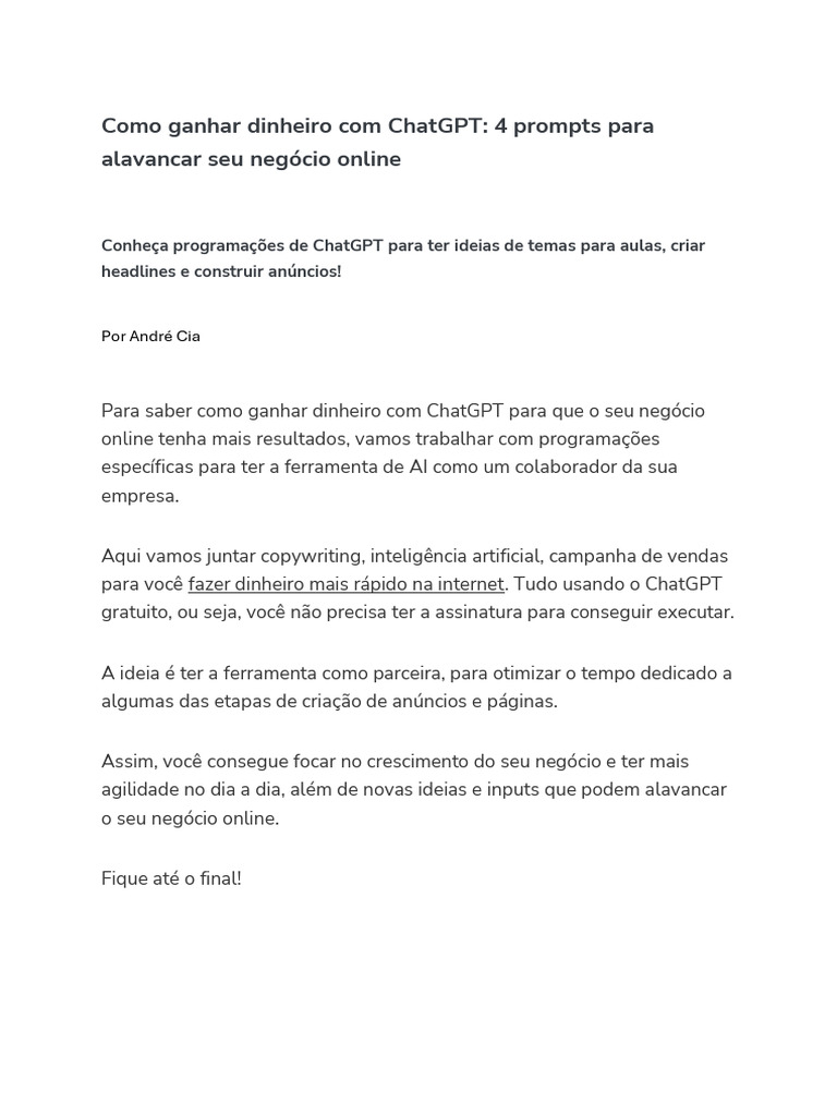 Como ganhar dinheiro com Chat GPT 4 - prompts para alavancar seu ... Como ganhar dinheiro com Chat GPT 4 - prompts para alavancar seu ...