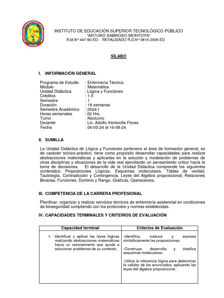 Silabo Logica y Func Enf Tec I-n 2024-i Ok | PDF | Proposición | Lógica matemática