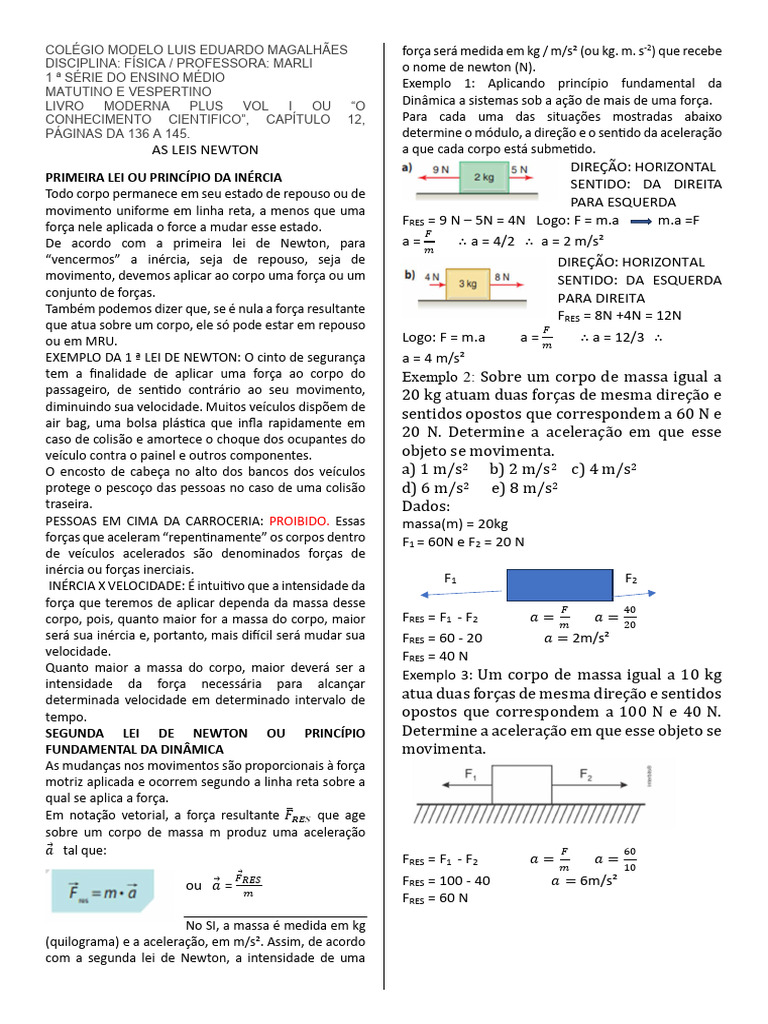 Material de Fisica 1 Anos Leis de Newton - Recuperação | PDF | Força ...