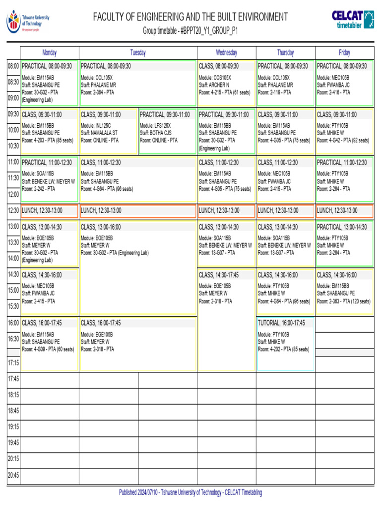 CELCAT Timetable BPPT20 Semester 2 2024 | PDF