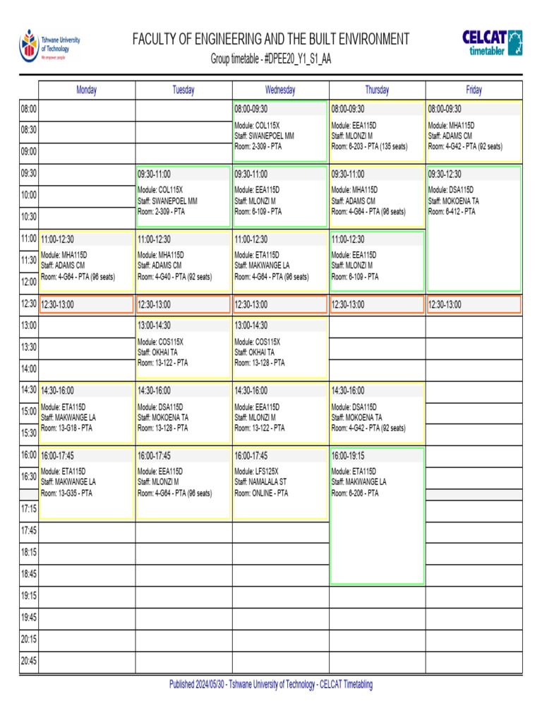 CELCAT Timetable DPEE20 Semester 2 2024 | PDF | Technology & Engineering