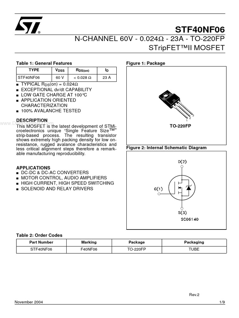 Datasheet - HK stf40nf06 1978787 | PDF | Semiconductors | Solid State Engineering