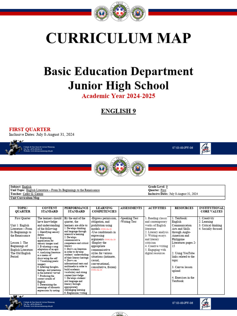 BED SHS Curriculum Map CW11 1st Quarter 2024 2025 Comm Arts | PDF | Curriculum | Learning