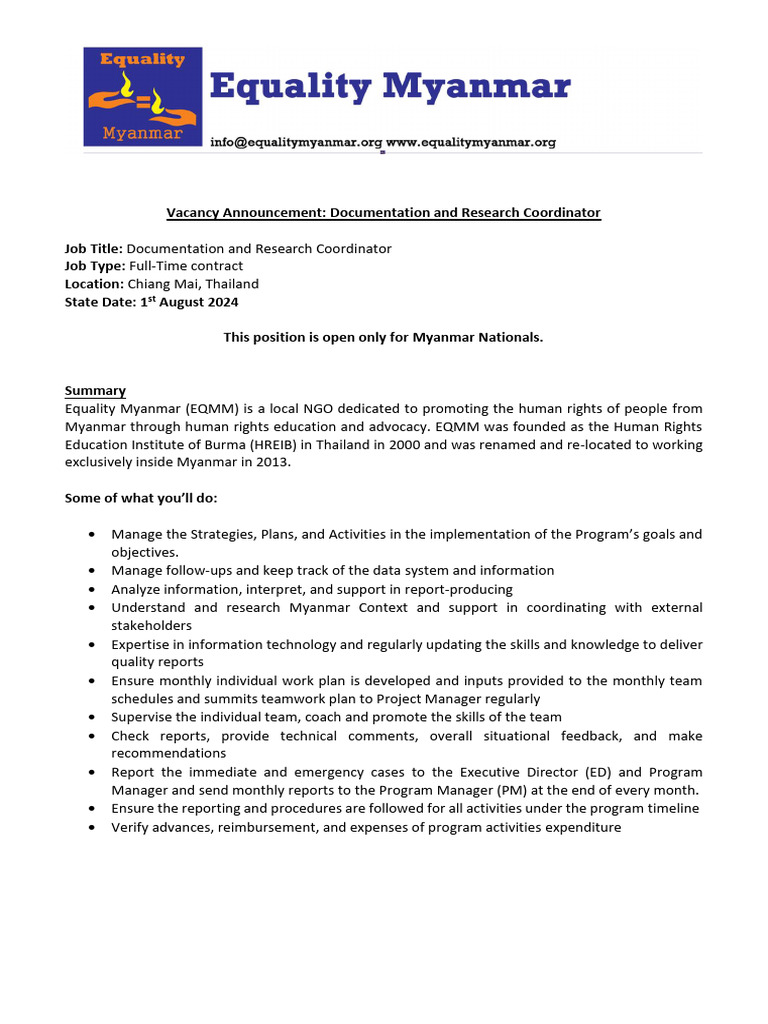 EQMM - Documentation & Resesarch Coordinator - Job Vacancy Revised | PDF | Salary | Information