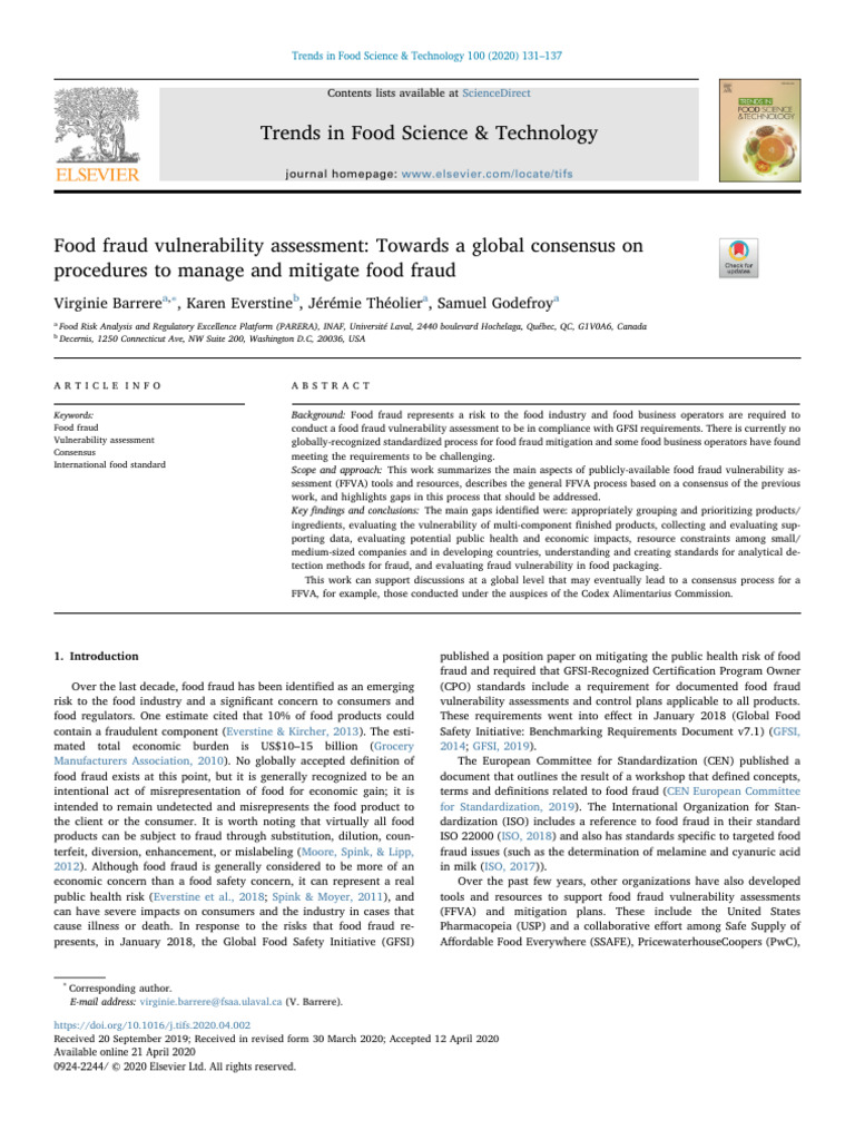 2020 Food Fraud Vulnerability Assessment Towards A Global Consensus On ...