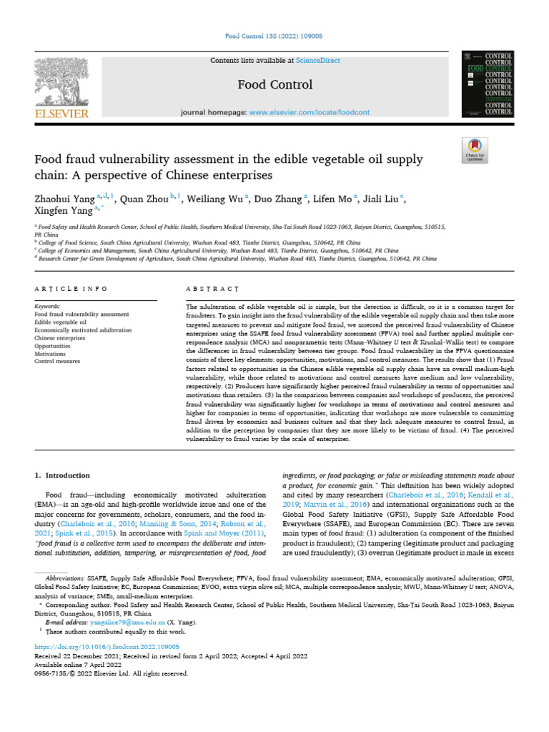 Food Fraud Vulnerability Assessment in The Edible Vegetable Oil Supply ...