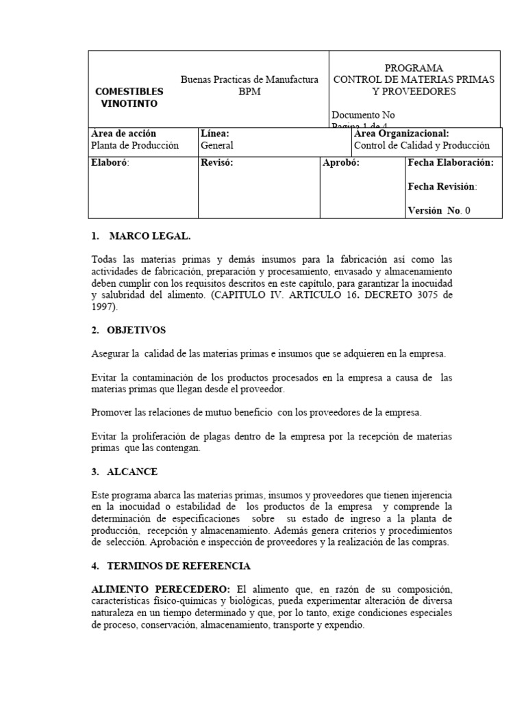 Programa Materias Primas y Proveed | PDF | Análisis de Riesgo y Puntos Críticos de Control ...