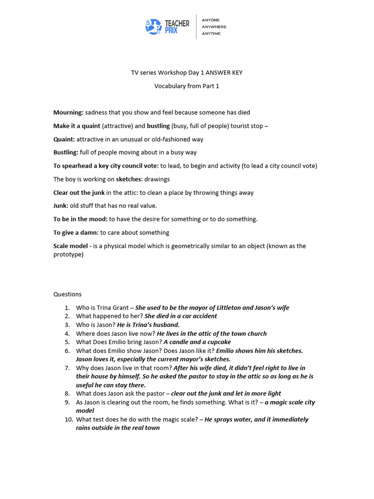 TV Series Workshop Day 1 ANSWER KEY | PDF | Home & Garden | Art