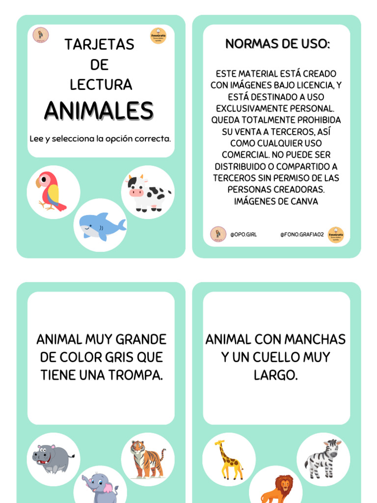 Tarjetas de Lectura Animales | PDF | Aves | Zoología