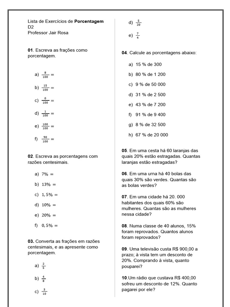 Lista de Exercícios de Porcentagem D2 | PDF