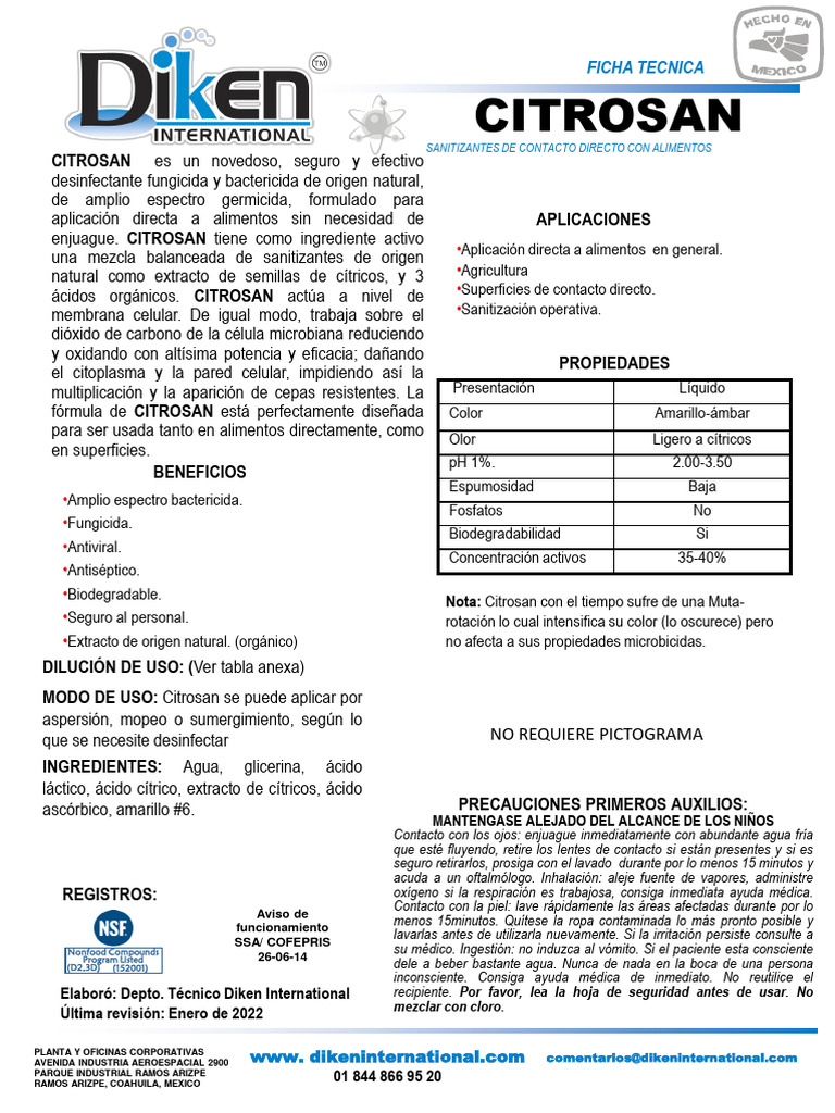Citrosan Ficha Técnica Con Logo | PDF | Alimentos | Agua