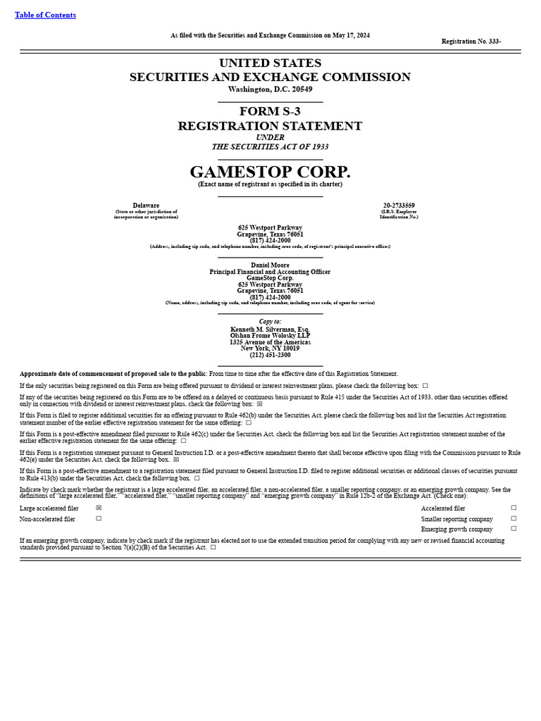 Gamestop Corp.: United States Securities and Exchange Commission Form S ...