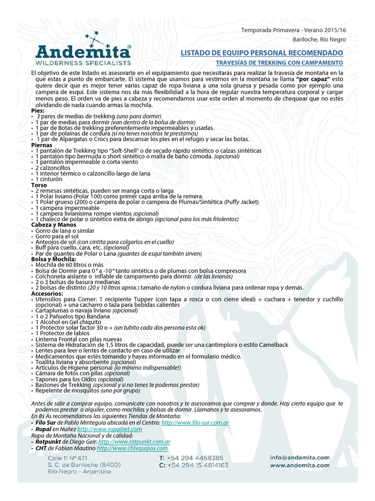 Listado de Equipo Personal - TRAVESÍA ACAMPANDO | PDF