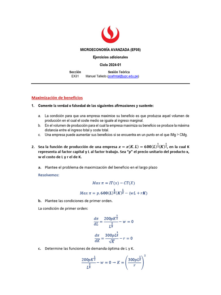 Ejercicios Adicionales Maximización Beneficios y Comp. Perfecta | PDF | Mercado (economía ...