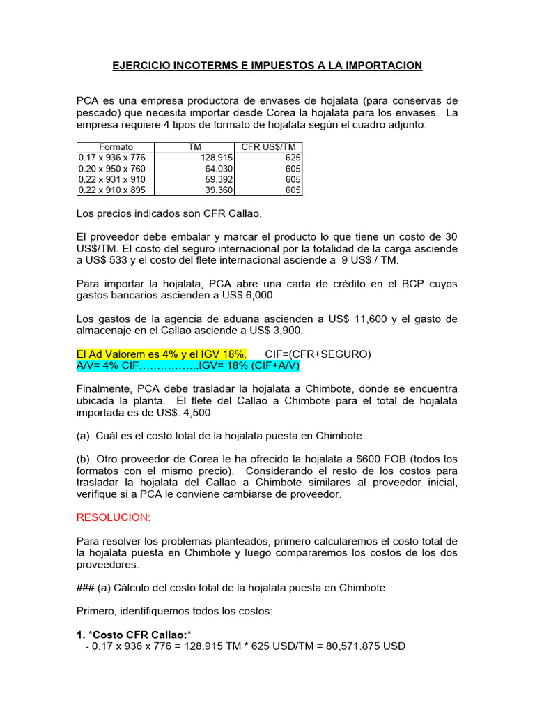 Ejercicio PCA (INCOTERMS - IMPUESTOS) - GRUPO 4 | PDF | El comercio internacional | Derecho privado