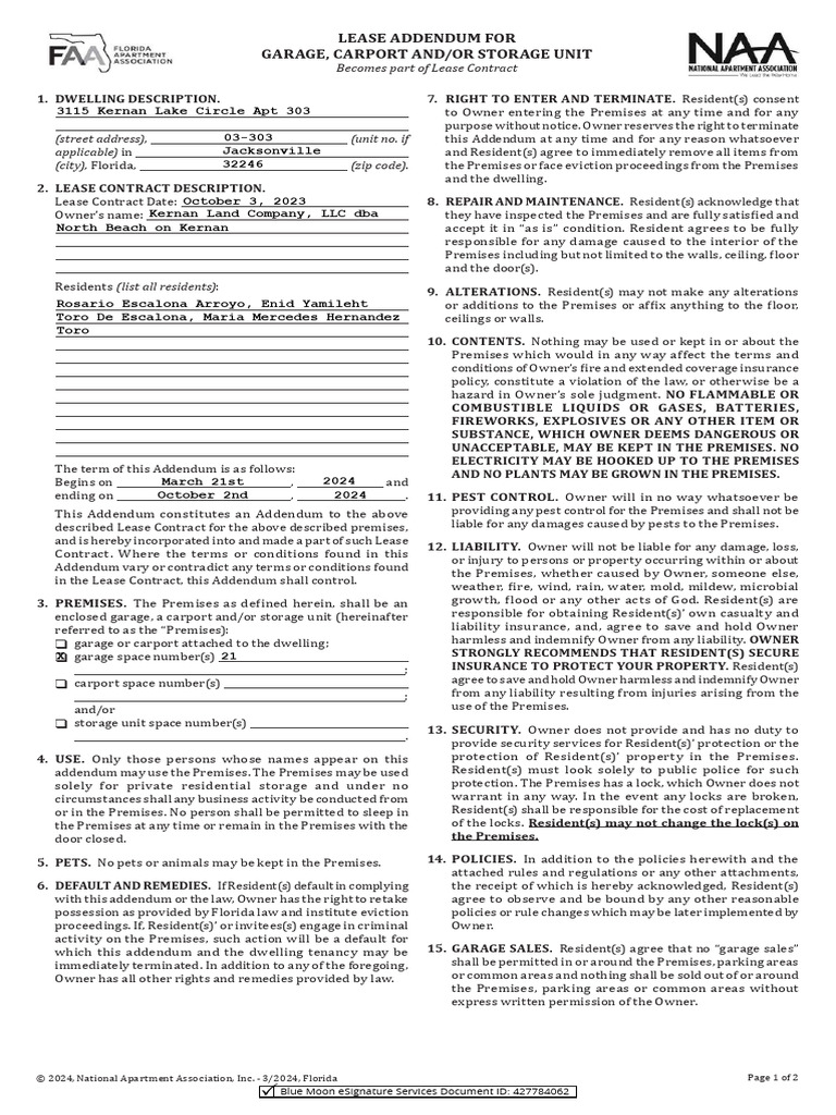 Lease Addendum For Garage, Carport And/Or Storage Unit: 3115 Kernan ...