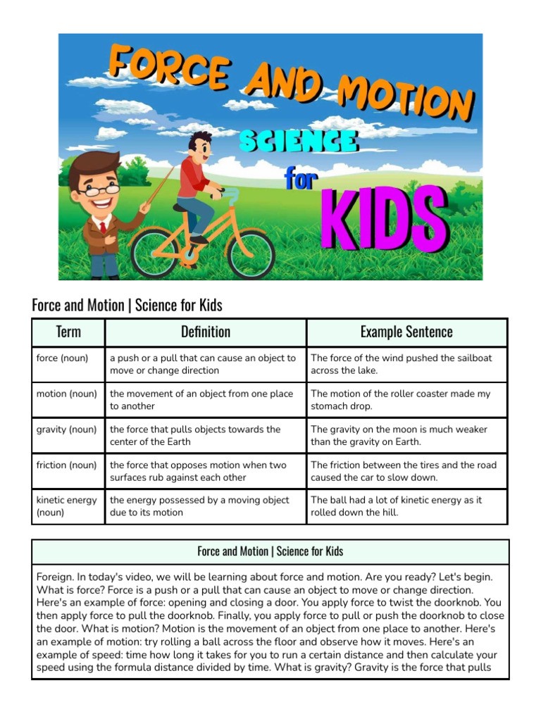 Force and Motion - Science For Kids - by Diffit (Printable) | PDF ...