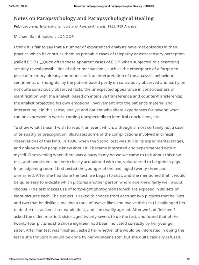 Balint 1955 Notes on Parapsychology and Parapsychological Healing ...
