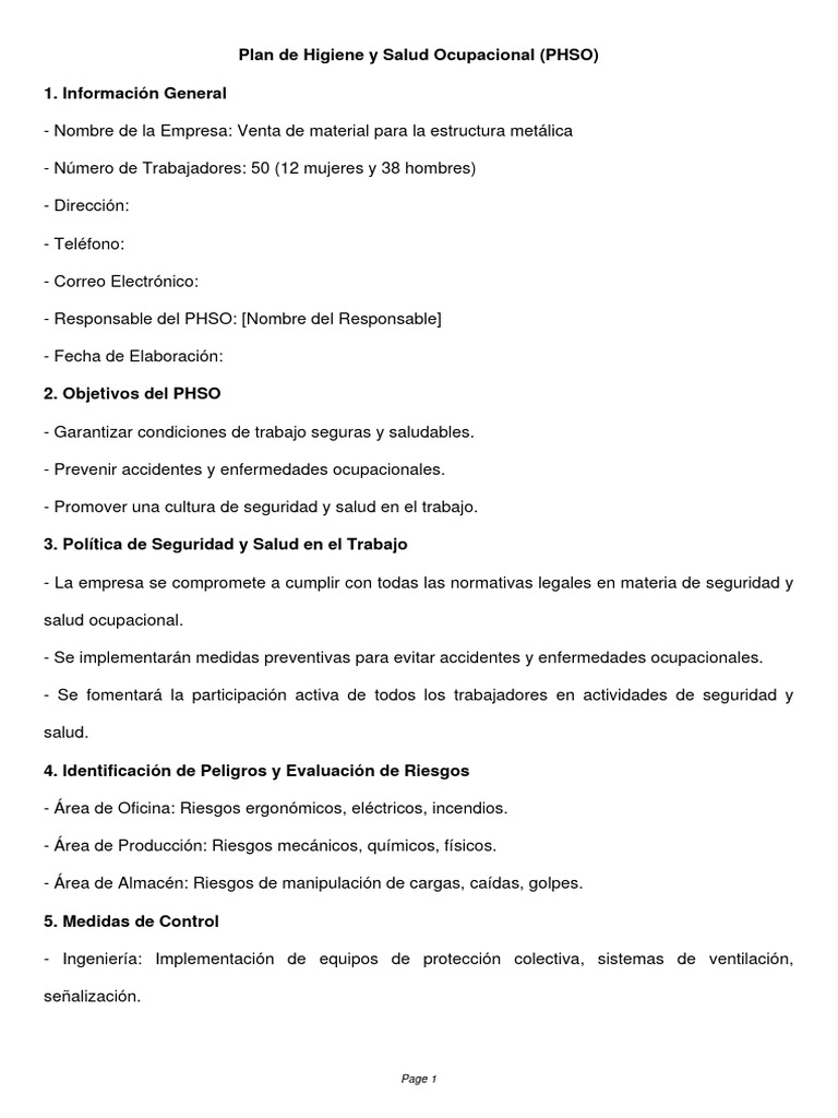 Plan de Higiene y Salud Ocupacional | PDF | Seguridad y salud ...
