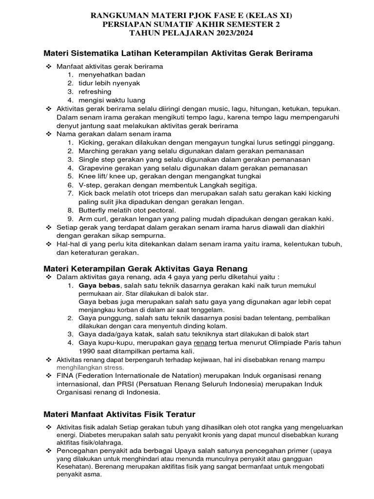 Rangkuman Materi PJOK XI Persiapan SAS | PDF