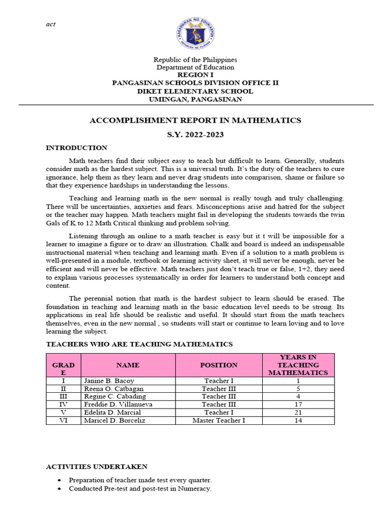 Accomplishment Report in Math | PDF | Learning | Learning Styles