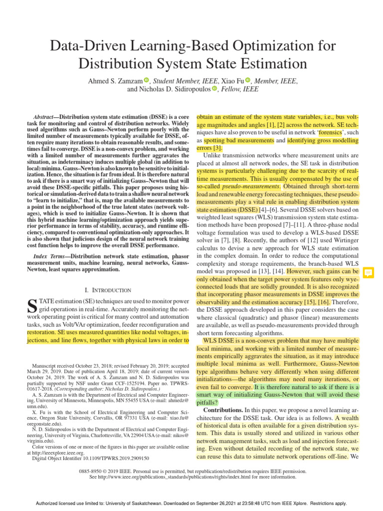 2019 Data Driven Learning Based Optimization For Distribution System State Estimation Pdf