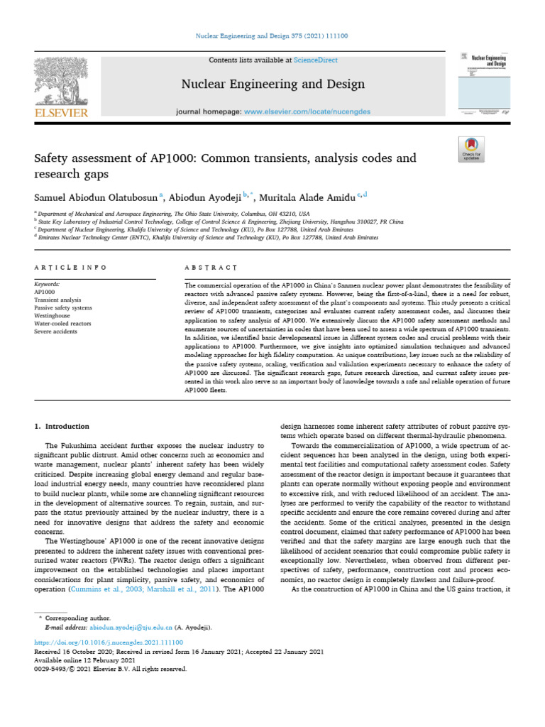 Safety Assessment of AP1000 - Common Transients, Analysis Codes and ...