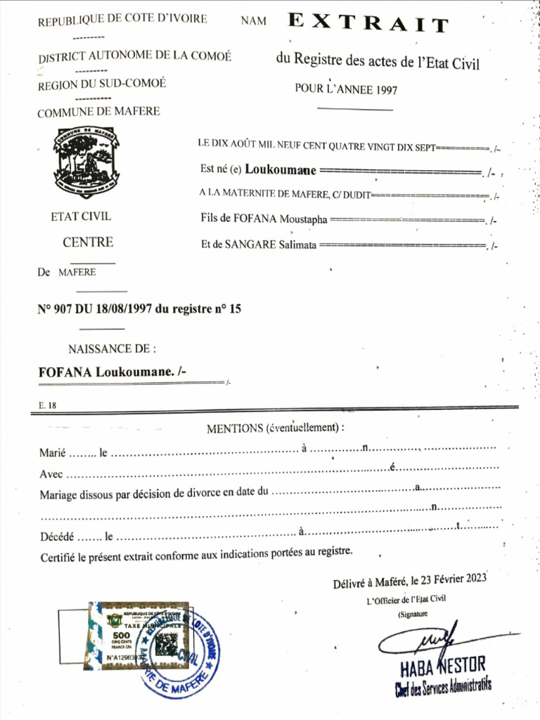 Extrait de Naissance | PDF