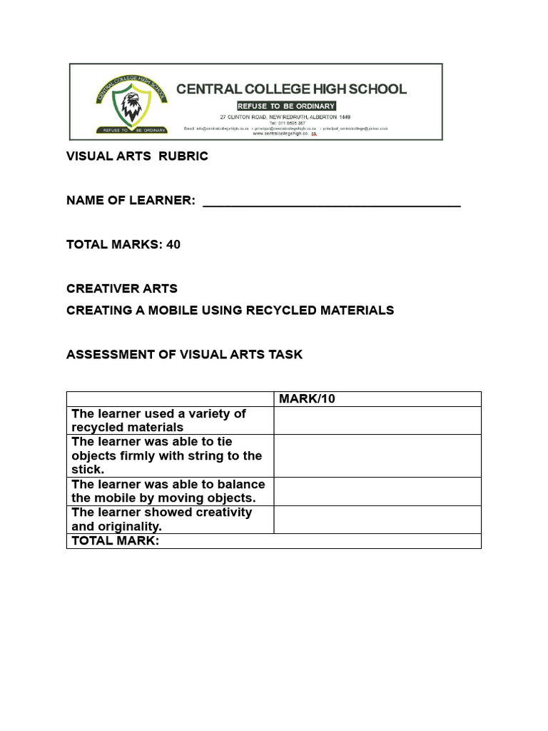 Grade 4 Visual Arts Rubric - 113457 | PDF