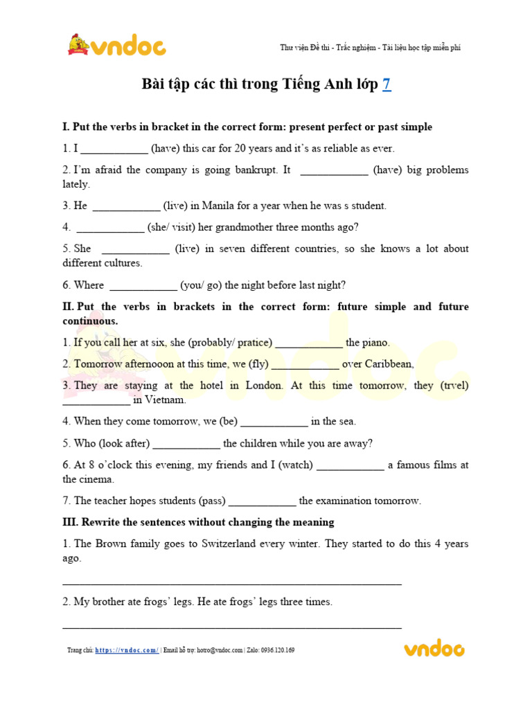 Bai Tap Cac Thi Trong Tieng Anh Lop 7 | PDF | Language Arts & Discipline