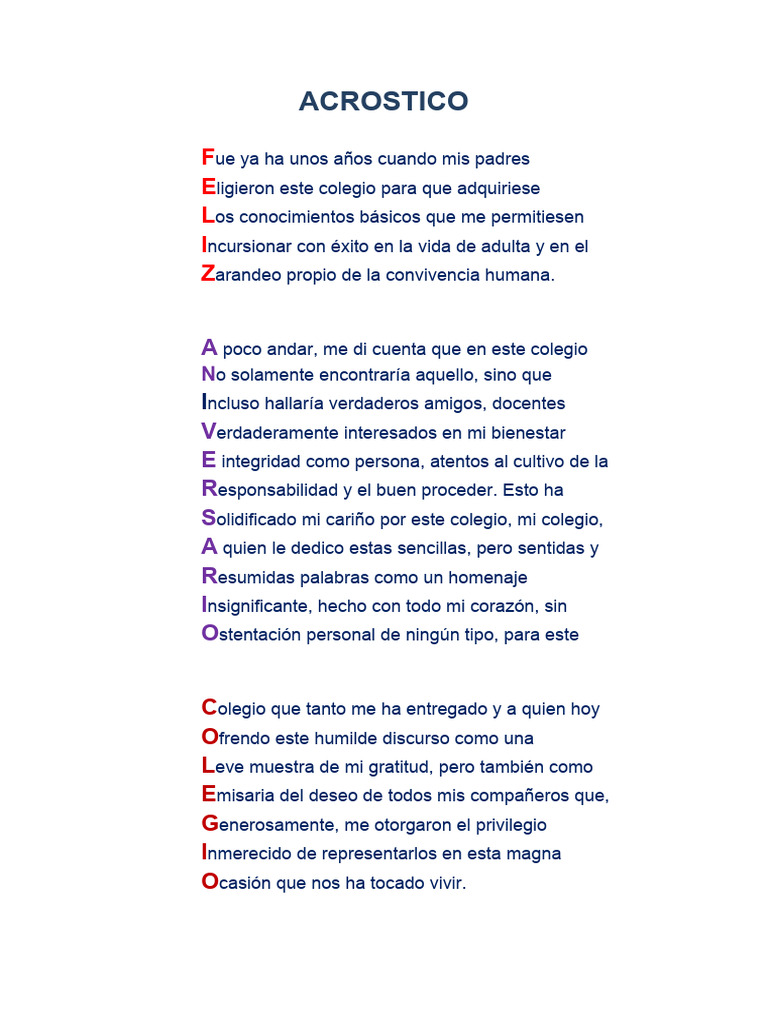 ACROSTICO Feliz Aniv Colegio PM | PDF | Ciencias sociales | Estilo de vida