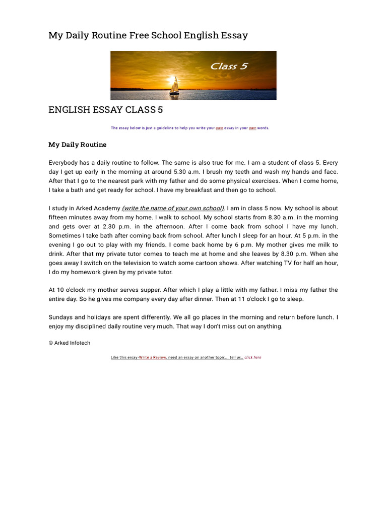 My Daily Routine Free School English Essay - @esyenglish - Ee | PDF ...