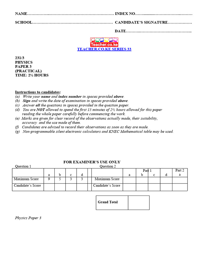 Physics Practical Exam 33 Questions | PDF | Optics
