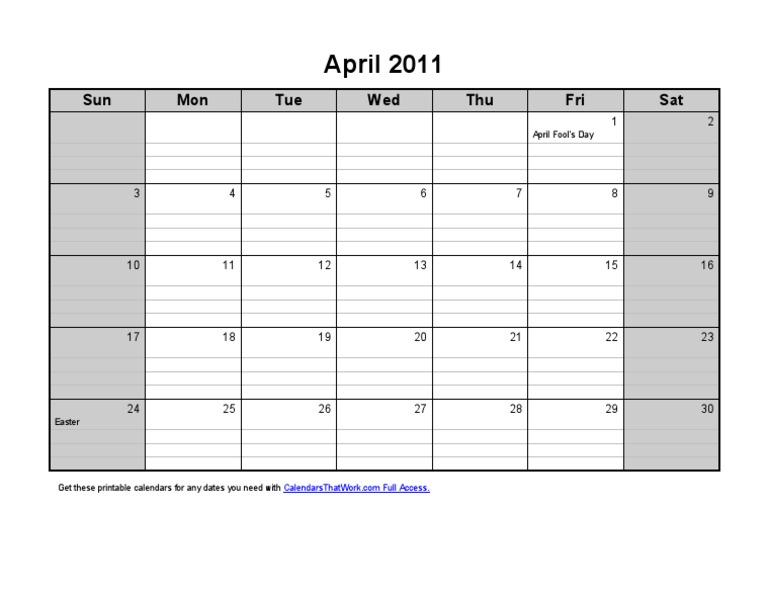 April 2011 Printable Calendar | PDF